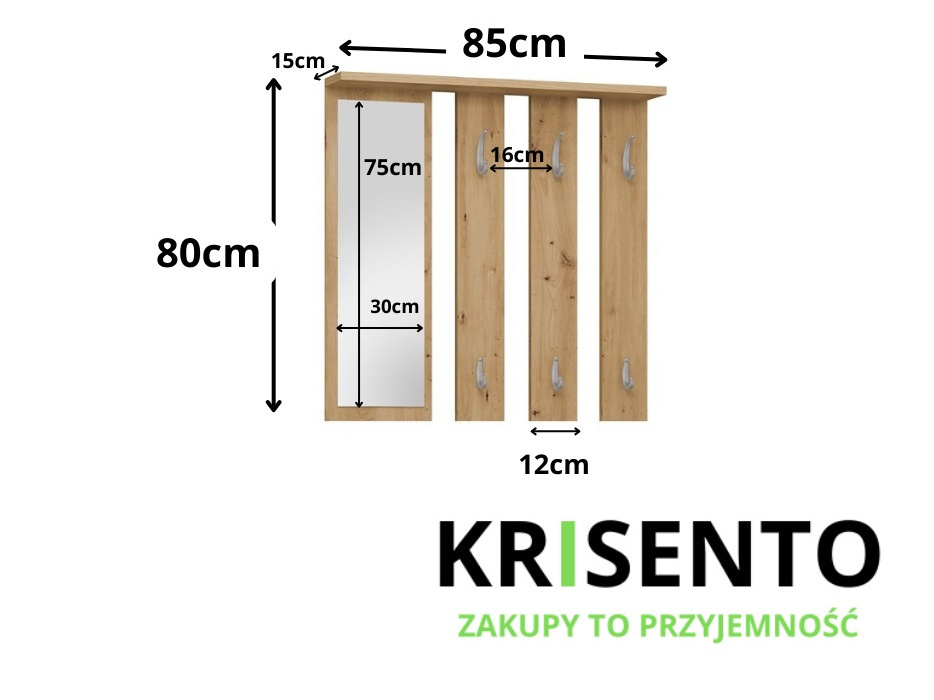 Wieszak na ubrania z lustrem dąb artisan WIESZ-602-ART | Krisento